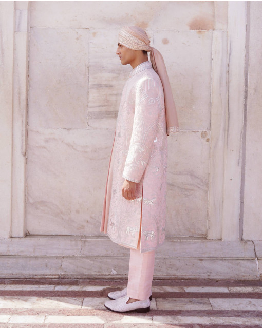 Beau light peach open sherwani with peach raw silk kurta & pants