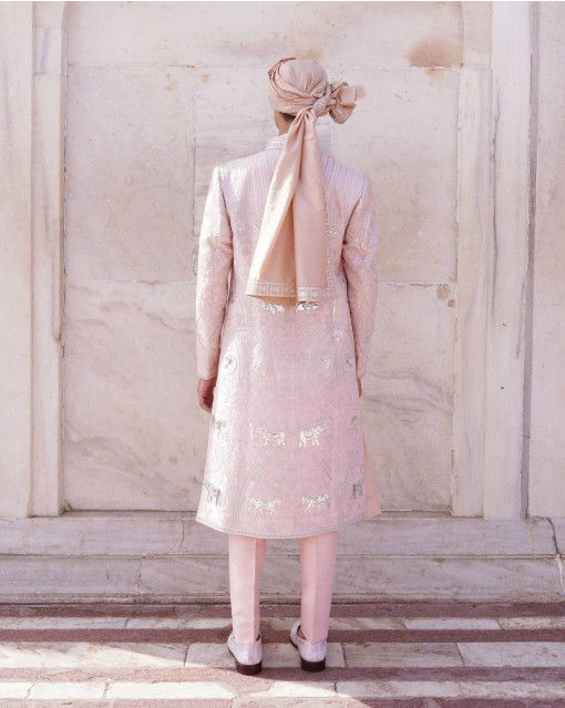 Beau light peach open sherwani with peach raw silk kurta & pants
