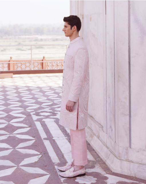 Pearl white alexandre sherwani a pair of pearl white raw silk pants