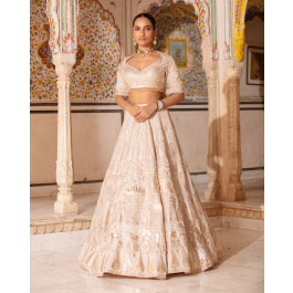 Buy Francesca Light Beige-Based Light Gold Lehenga Set With Palanquin ...