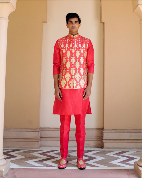 Buy Light Blue Raw Silk Kane Bandi Set for Men